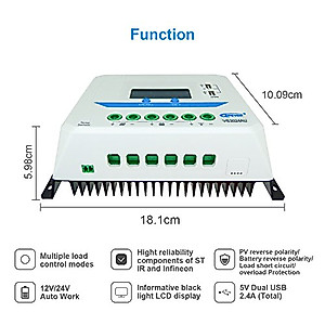 EPEVER Solar Charge Controller 30A PWM VS3024AU with Dual USB Ports Solar Panel Battery Regulator 12V/24V Auto Work with LCD Display (30A)