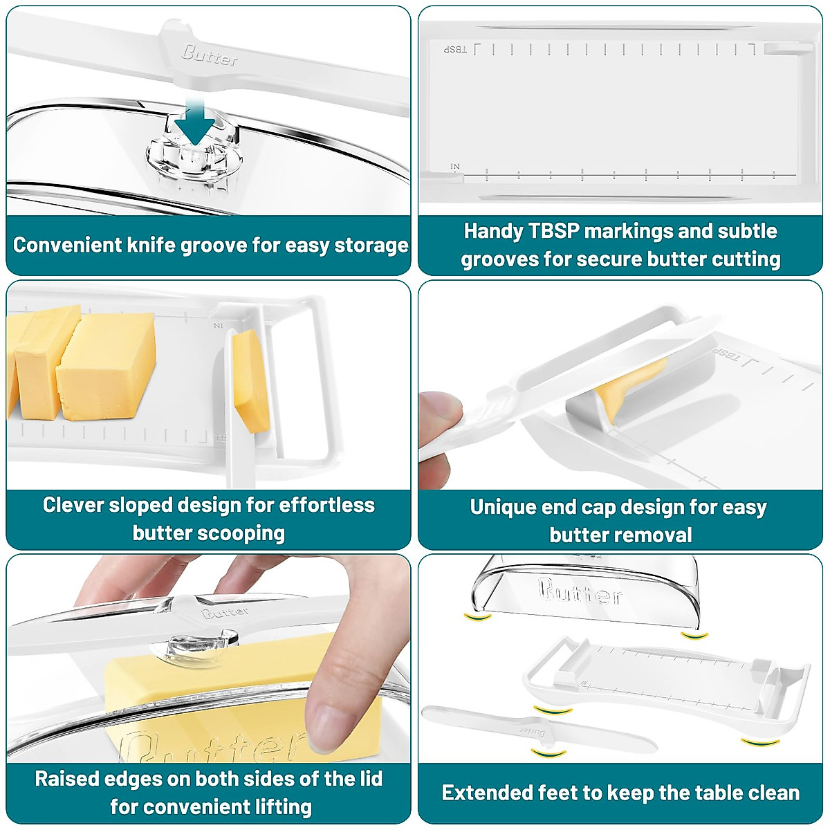 Cnsndqedke Butter Dish with Lid and Knife, Plastic Butter Keeper/Container for Countertop, Easy Scoop, No Mess Lid, BPA-Free, Dishwasher & Refrigerator Safe, Ideal for Home and Camping - White