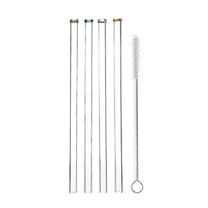 Reusable Clear Glass Straws - Artisanal Colored Tips, Wide Flow for Smoothies, Juices, Frozen Drinks, Milkshakes, Tea - Portable Travel Drinking, Long