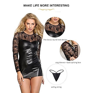 ohmydear Plus Size Faux Leather Lingerie for Women Lace Long Sleeve Sleepwear Bodycon Clubwear Wet Look Mini Dress Black