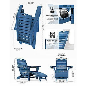 Ciokea Folding Adirondack Chair with Retractable Ottoman Fire Pit Patio Chair with Pull Out Foot Rest Weather Resistant Lawn Outdoor Lounge Chair with 2 Cup Holder (Navy Blue)