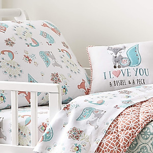 Levtex Baby - Fiona Toddler Bed Set - Pink, Aqua, White - Woodland Forest Theme - 5 Piece Set Includes Reversible Quilt, Fitted Sheet, Flat Sheet, Pillow Case, Decorative Pilow