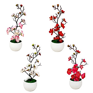 Artificial Flower in Pot Bonsai Realistic Anti Fade Faux Silk Flower Fake Plum Blossom Flower Plants Tabletops Potted Flowers Ornaments Home Hotel Garden Wedding Office Table Decoration White