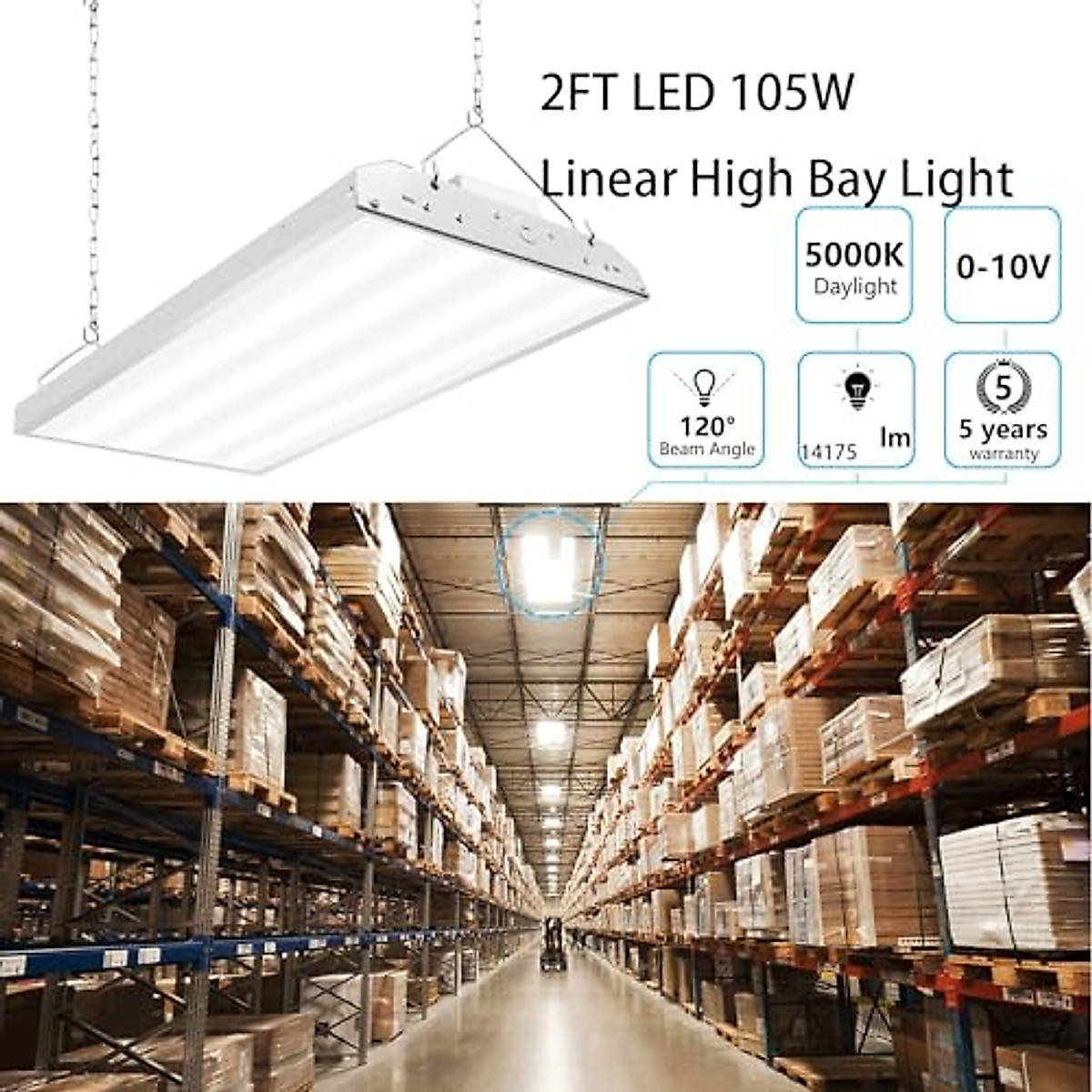 CINOTON 2FT 105W LED Shop Light with 14175LM,0-10V Dimmable Linear High Bay Lighting with 5000K,120-277V 135LM/W Commercial Hanging Lights for Garage Office Warehouse Workshop Factory UL Listed