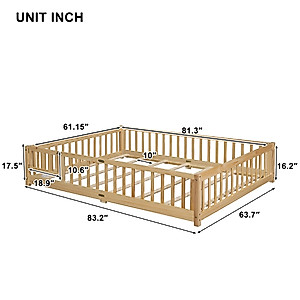 Bellemave Queen Size Floor Bed with Door,Kids Montessori Floor Bed with Slats and Fence,Solid Wood Queen Bed Frame for Girls Boys(Queen,Natural)