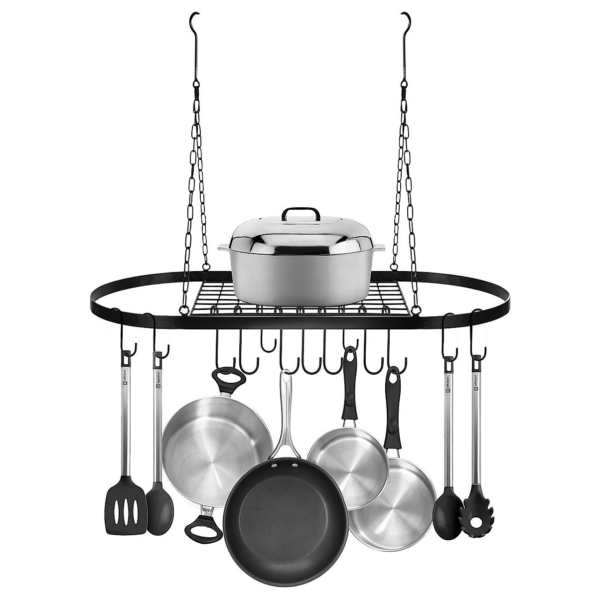 Sorbus® Pot and Pan Rack for Ceiling with Hooks — Decorative Oval Mounted Storage Rack — Multi-Purpose Organizer for Home, Restaurant, Kitchen Cookware, Utensils, Books, Household (Hanging Chrome)