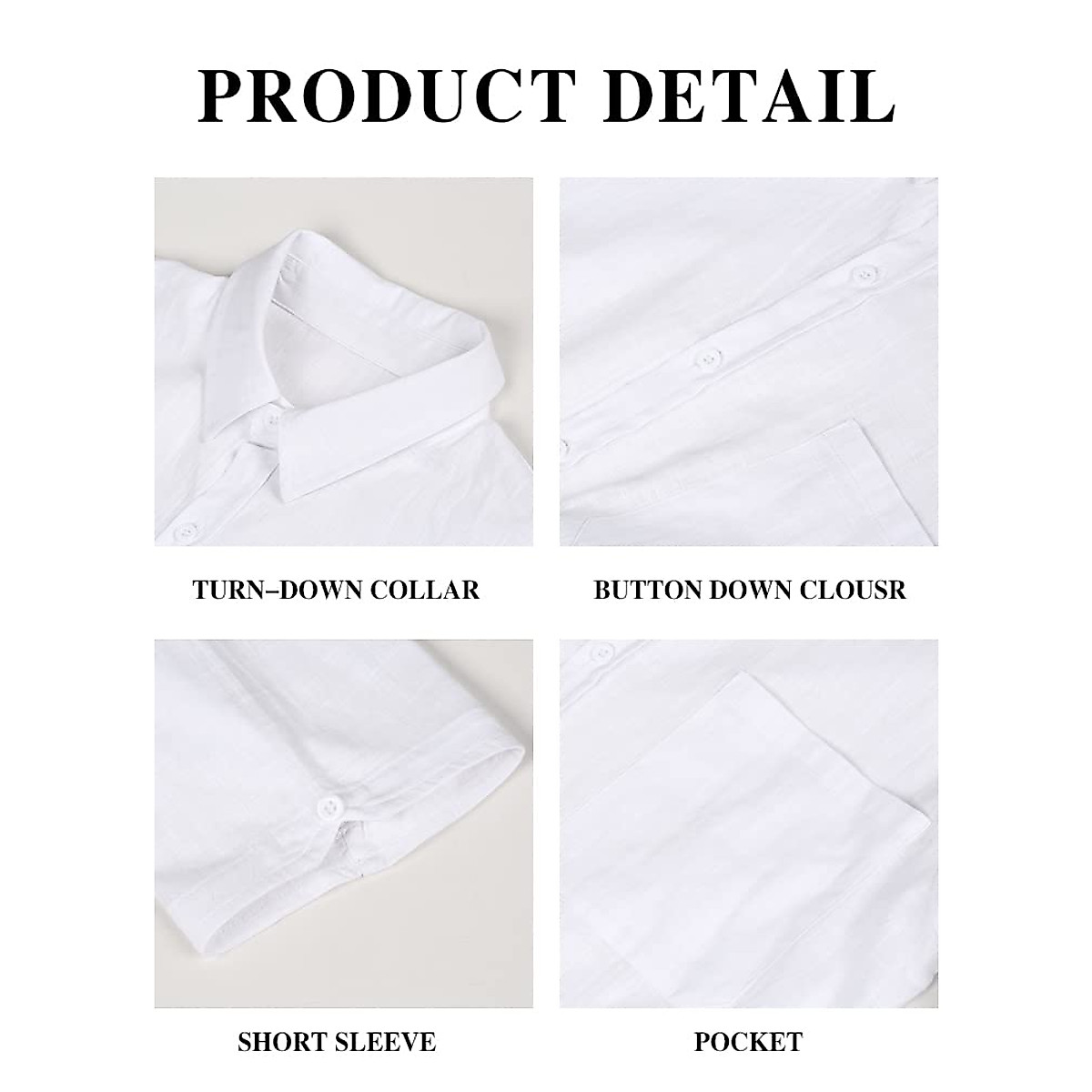 Pengfei Men's Short Sleeve Shirt Linen Cotton Button Down Tees Spread Collar Plain, White, Large