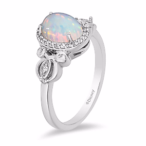 Jewelili Enchanted Disney Fine Jewelry Sterling Silver 8X6 MM Created Opal and 1/10 Cttw Natural White Round Diamond Cinderella Ring, Size 9