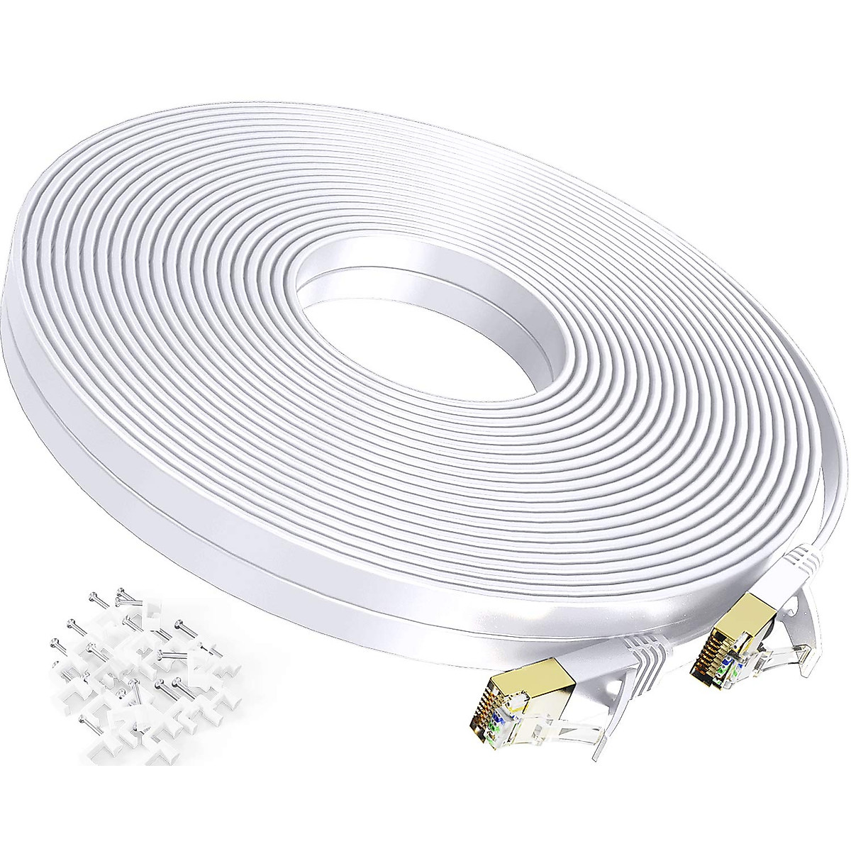 Lapsouno Cat7 Ethernet Cable 100 ft, Durable High Speed Flat Internet Network Computer Cord, Faster Than Cat6 Network, Slim Cat7 LAN Wire with Rj45 Connectors for Router Modem Xbox PS4 PS5-White