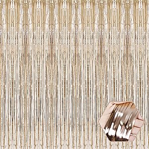 3 Pack Champagne Gold Foil Fringe Curtain Backdrop, 3.28Ft x 8.2Ft Metallic Tinsel Foil Fringe Streamer Curtains for Photo Booth, Valentine's Day， Wedding, Birthday, New Year Party Decorations