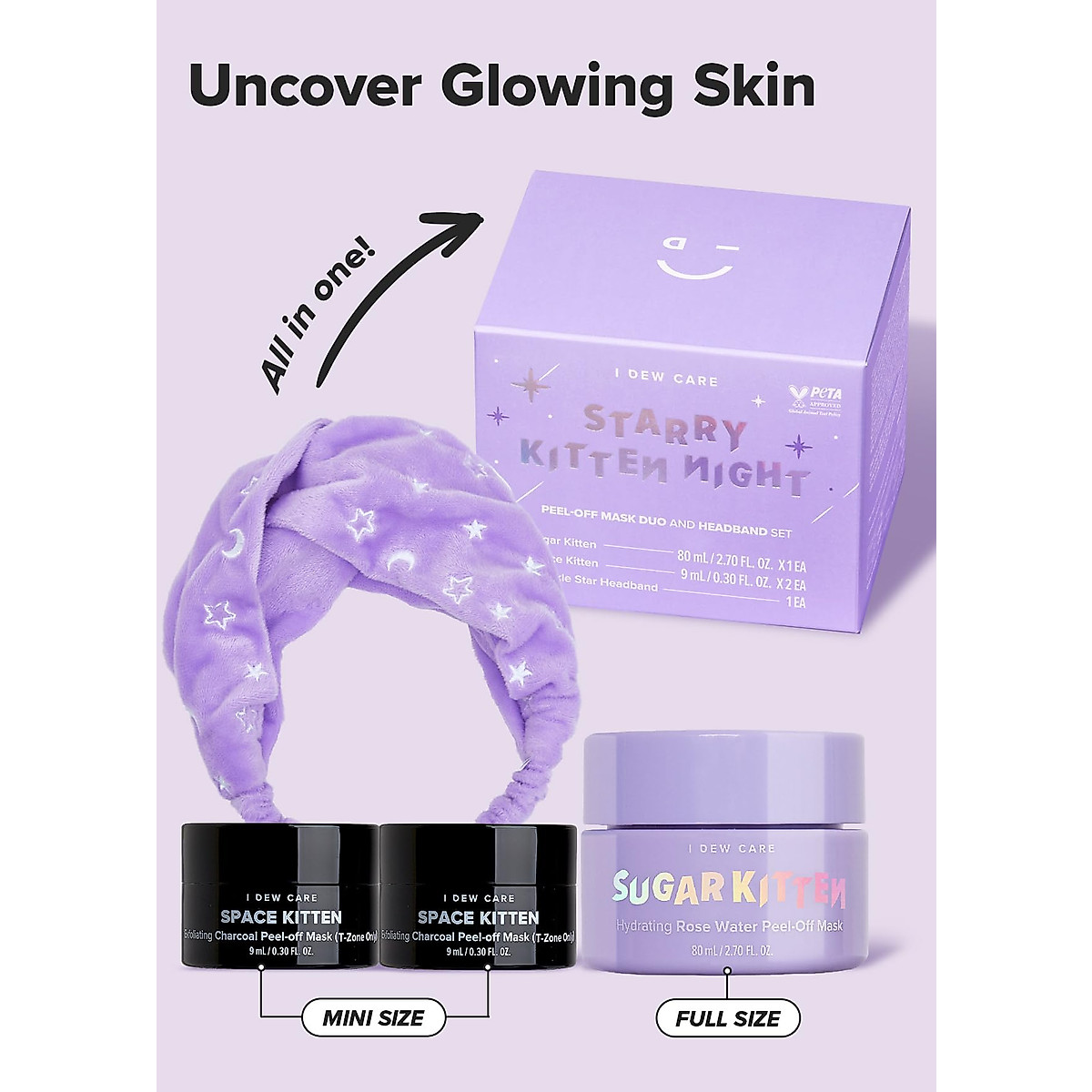 I DEW CARE Starry Kitten Night - Peel Off Masks and Headband Set | Hydrating, Illuminating, Exfoliating, Star-patterned Headband, Gifts Set for Women and Girls