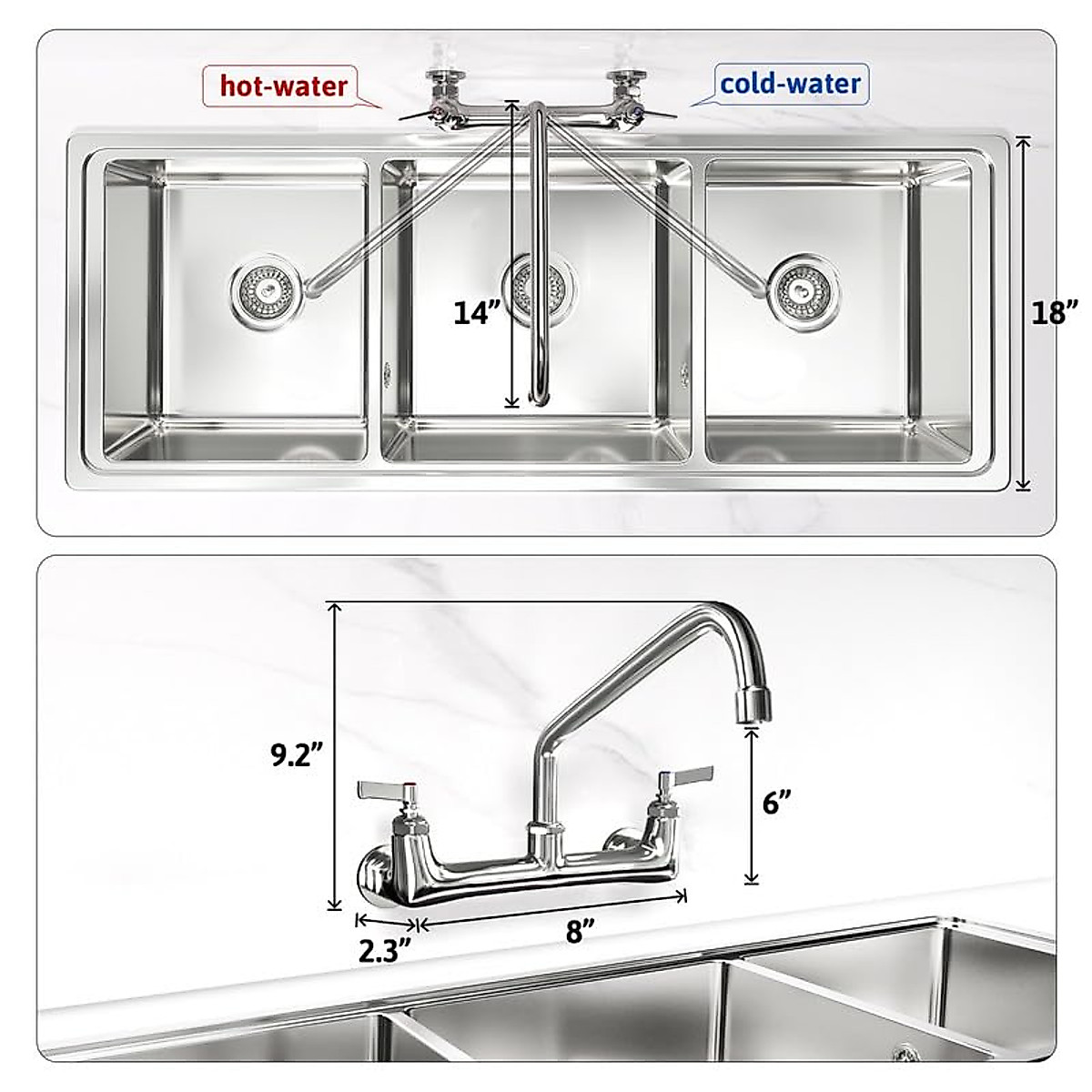 CWM Wall Mount Commercial Sink Faucet 8 Inches Commercial Faucet with 14 Inches Spout