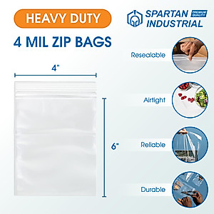 Spartan Industrial - 4” X 6” (1000 Count) 4 Mil Thick Clear Reclosable Zip Plastic Poly Bags with Resealable Lock Seal Zipper - Heavy Duty and Durable