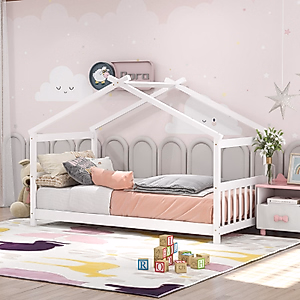 KOMFOTT Twin Wood House Bed for Kids, Low Profile Floor Bed Frame with Roof, Headboard & Footboard, Tent Bed for Toddlers, Boys & Girls, Wood Montessori Bed, No Box Spring Needed (White)