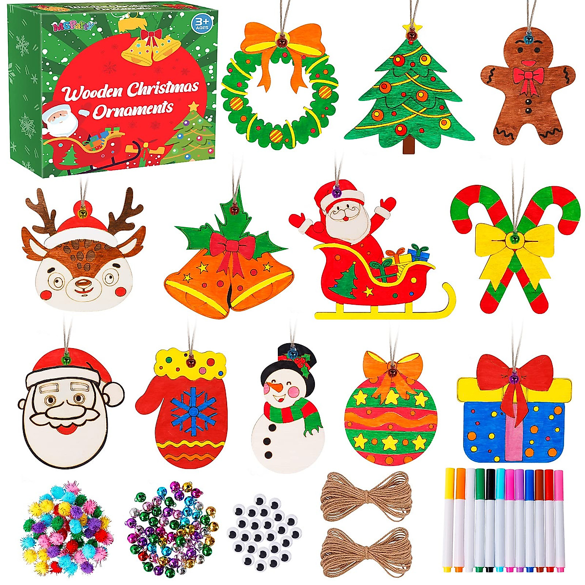 MGparty 60Pcs DIY Wood Slices, Wooden Christmas Ornaments Bulk for Crafts, Unfinished Paintable Wooden Hanging Decorations, Wood Kit for Crafts with 12 Coloured Pens and 60 Jingle Bells