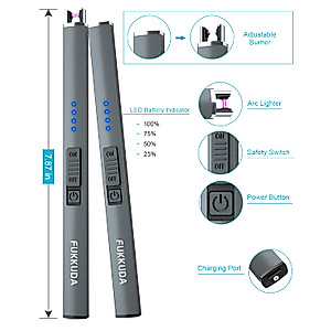 FUKKUDA Electric Candle Lighter with Safety Switch - USB Rechargeable Windproof & Flameless Plasma Arc Lighter for Easter Basket Stuffers (Space Grey)