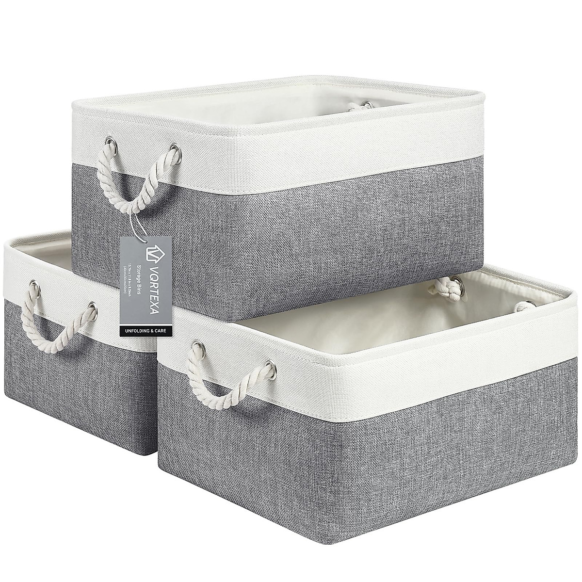 VQRTEXA Storage Baskets, 3-Pack 15.7x11.8x8.2 inch Fabric Storage Bins, Versatile Storage Baskets for Shelves with Handles (White&Grey, 15.7X11.8X8.26)