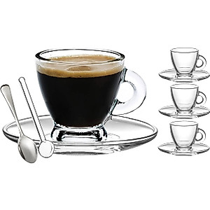 BOHEM'S Espresso Cups, 3.2 oz Small Demitasse Clear Glass Espresso Drinkware, Set Of Cups, Saucers and Stainless Steel mini Spoons + Free Glass Spoons (set of 4)