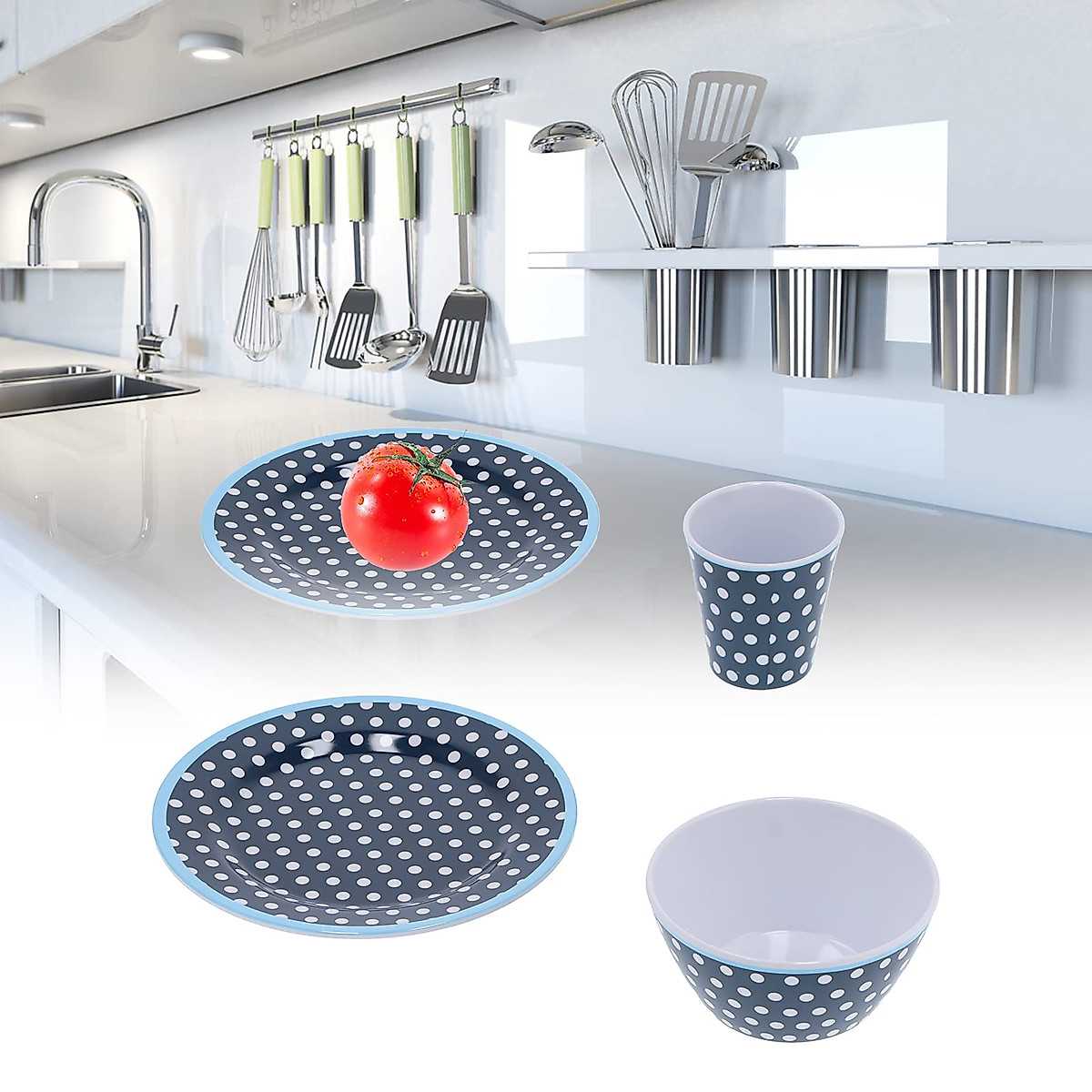 Topyond Premium Dark Blue Dot Dinnerware Set for Home and Restaurant,Service for 4(12Pcs),Includes Cups, Salad Bowls, and Plates - Elegant and Durable