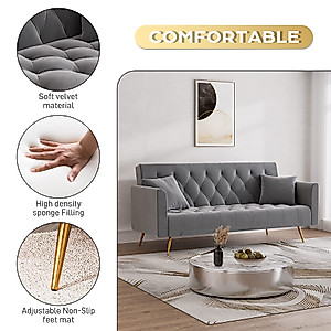 OUYESSIR Velvet Futon Couch Bed, 71 inch Loveseat Convertible Sleeper Sofa with 2 Pillows, Modern Small Futon Couch for Bedroom, Living Room (Grey)