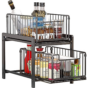 YTDTKJ 2 Tier Under Sink Organzier, Pull Out Cabinets Organizer Shelf Baskets, Stackable Sliding Cabinet Organizer for Kitchen, Pantry, Under The Sink, Cabinet, Bathroom, Black