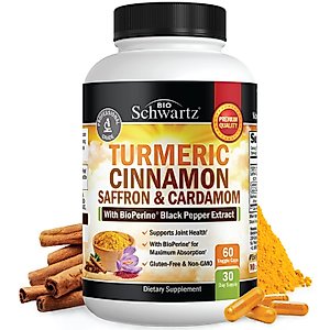 Turmeric Supplement with Saffron, Cinnamon and Cardamom Plus BioPerine Black Pepper Extract for Optimal Absorption, Natural Tumeric Curcumin Joint Support Supplement for Women and Men, 60 Capsules