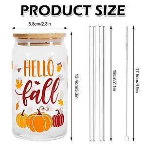 Whaline Hello Fall Drinking Glasses 16oz Fall Harvest Glass Cup Pumpkin Car Iced Coffee Cup with Bamboo Lid Glass Straw Cleaning Brush Gift for Autumn Thanksgiving Cocktail Whiskey Beer Soda, 2Pcs