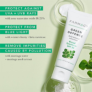 Farmacy Mineral Face Sunscreen SPF 30 - Broad Spectrum Zinc Oxide Sunscreen for Face - Daily Defense Sheer Mineral Sunscreen for Sensitive Skin - Absorbs Quickly + Leaves No White Cast (50ml)