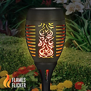 Exhart Garden Solar Lights, Set of 2 Flickering Flame Garden Stake Torches, LED Fire, Outdoor Garden and Yard Decoration, 4 x 21 Inch