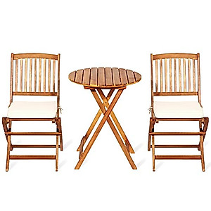 Giantex 3Pcs Patio Bistro Set, Wood Folding Table Set, 2 Cushioned Chairs for Garden Yard, Outdoor Furniture Round Table (Natural & Beige)