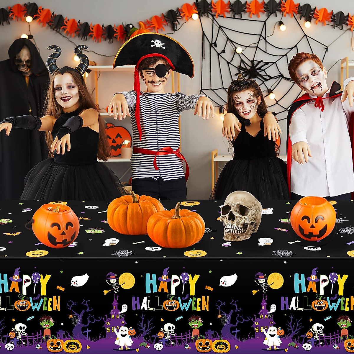 3 Pack Halloween Plastic Tablecloth Happy Halloween Black Rectangle Tablecloth Pumpkin and Ghost Tablecover Waterproof Spillproof Wipeable Tablecloth for Dinner Halloween Party Supplies 54 x 108 Inch