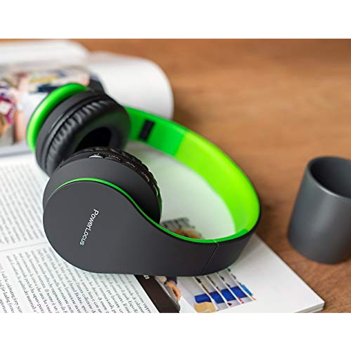 PowerLocus Wireless Bluetooth Over-Ear Stereo Foldable Headphones, Wired Headsets Rechargeable with Built-in Microphone for iPhone, Samsung, LG, iPad (Black/Green)