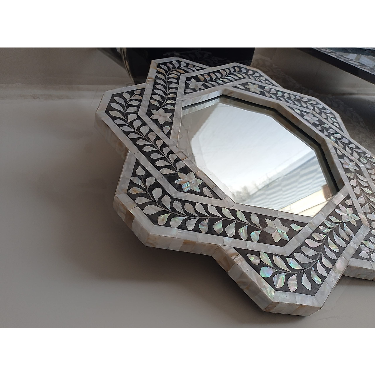 Handmade Mother Of Pearl Inlay Hexagonal Black Floral Pattern Mirror Frame | Handmade MOP Inlay Mirror Frame For Home Decor