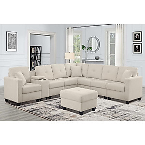 Ball & Cast 127" Convertible Sectional Sofa Couch with Removable Ottoman and Cup Holder,6 Seat Modular Living Room Furniture Sets with 2 Pillows & USB Port,for Lounge,Apartment,Beige