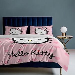 WNDKSQG Cartoon Bedding Set Kawaii Pink Cat Duvet Cover for Women Girls Cute Lightweight 3 Pieces Comforter Cover Sets with 1 Duvet Cover and 2 Pillowcases 218x177 cm