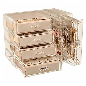 WMM Acrylic Jewelry Organizer Box, Clear Earring Jewelry Organizer Hanging Boxes with 4 Velvet Drawers, Birthday and Christmas Gift, Clear Acrylic Jewelry Box for Earrings Ring Bracelet Necklace