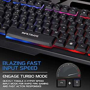 ENHANCE Infiltrate KL2 Membrane Gaming Keyboard - Quiet Keyboard with 3 Multi Color LED Lighting Modes, Turbo Input Mode, Anti-Ghosting, 19 Key Roll Over, Slim Low Profile Metal Design