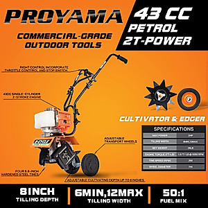 PROYAMA Gas Tiller Cultivator, 43cc 2-Cycle Garden Tiller, 2 in 1 Gas Powered Cultivators with Edger Kit, 4 Steel Tines, 6-12” Adjustable Width, 8” Max Depth