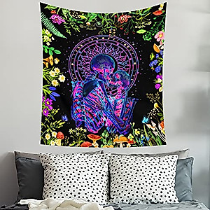 AACKart Blacklight Skull Tapestry, UV Reactive Kissing Lovers Skeleton Tapestry for Bedroom Aesthetic Colorful Floral Tapestries Glow in the Dark 51.2”x 59.1”
