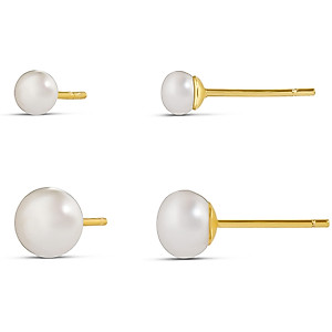 Amazon Essentials 14K Gold Plated Sterling Silver Freshwater Pearl Stud Set 4mm/6mm, Yellow Gold