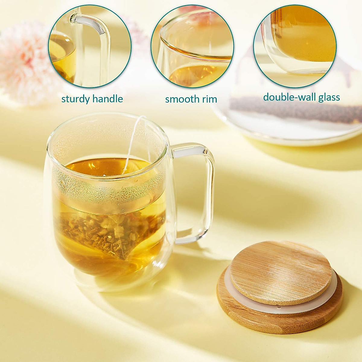 Teaovo 250ml/8.5oz Glass Coffee & Tea Cup Mug with Wooden Lid, Double Wall Borosilicate Glass Latte Espresso Mug with Insulated Handle, Dishwasher Safe, 2 Piece Set (C6502)