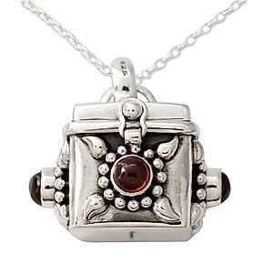 NOVICA Handmade .925 Sterling Silver Garnet Prayer Box Pendant Necklace Artisan Crafted in Burgundy Red India Spiritual Birthstone 'Royal Prayer'