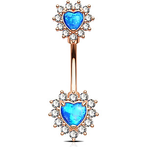 OUFER 14G Belly Button Rings, 316L Surgical Steel Belly Rings, Double Heart Cubic Zircon Filigree Opal Navel Rings Belly Piercing Jewelry For Women And Men-Blue