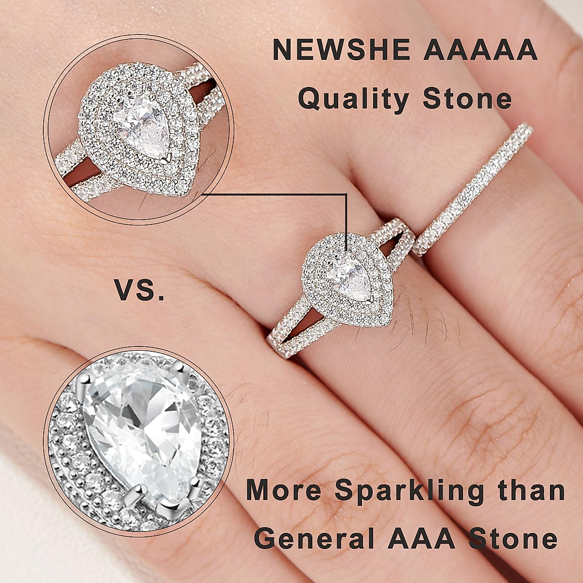 Newshe Jewellery Wedding Engagement Ring for Women Bridal Set AAAAA Cz 925 Sterling Silver 1.3Ct Pear White Size 7