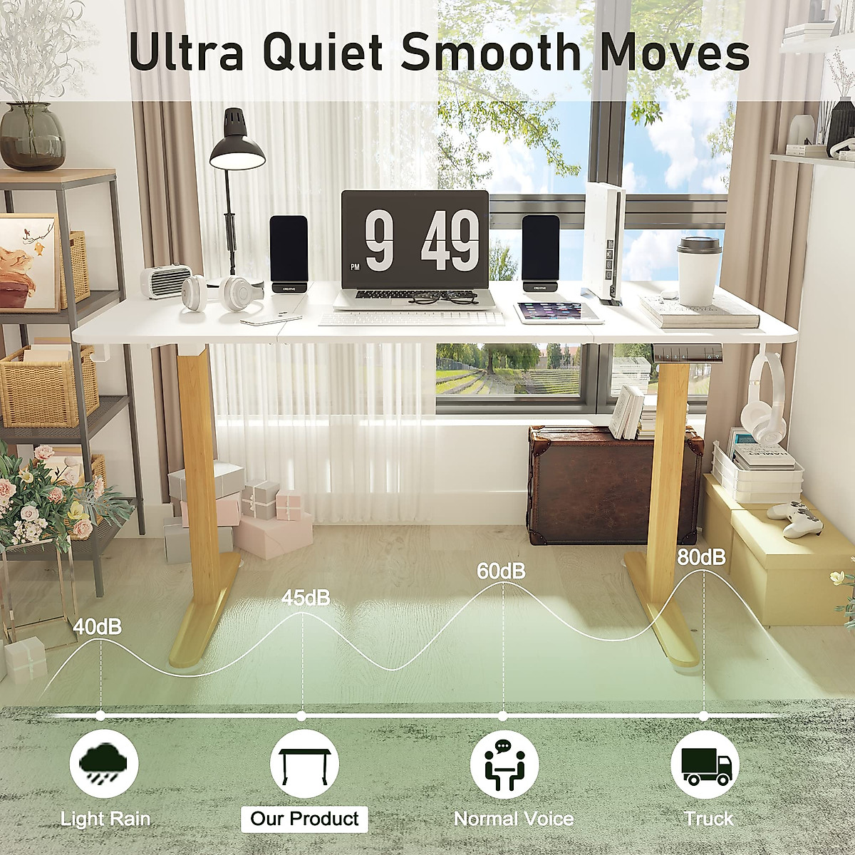 Monomi Electric Standing Desk, 55 x 28 inches Height Adjustable Desk, Ergonomic Home Office Sit Stand Up Desk with Memory Preset Controller (White Top/Wood Grain Frame)