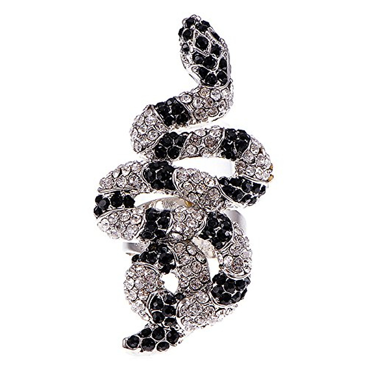 Alilang Womens Adjustable Silver Tone Clear Black Rhinestones Striped Snake Ring