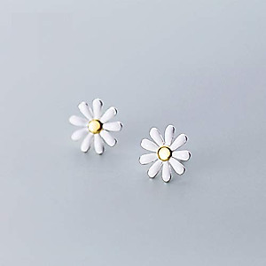 Flower Earring Stud, Mariafashion Sterling Silver Two-Tone White Daisy Flower Earrings Hypoallergenic Post Earrings for Women Girls Kids