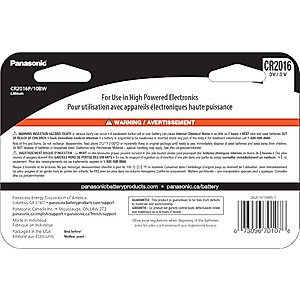 Panasonic CR2016 3.0 Volt Long Lasting Lithium Coin Cell Batteries in Child Resistant, Standards Based Packaging, 10-Battery Pack