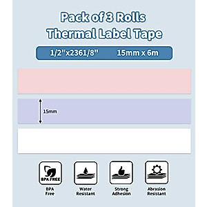 Phomemo D30 Label Maker Tape, Black on Lavender, White, Pink Sticker Thermal Paper, Long Self-Adhesive Label Tape, 15mm x 6m (1/2"x2361/8") Continuous Paper, 3 Roll