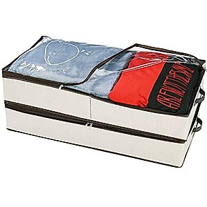 HOONEX Under Bed Storage Containers Zippered Clear Top Lid, Outer Linen Fabric, Reinforced Frame and Sturdy Bottom, 2 Leather Carrying Handles, 2 Pack, Beige
